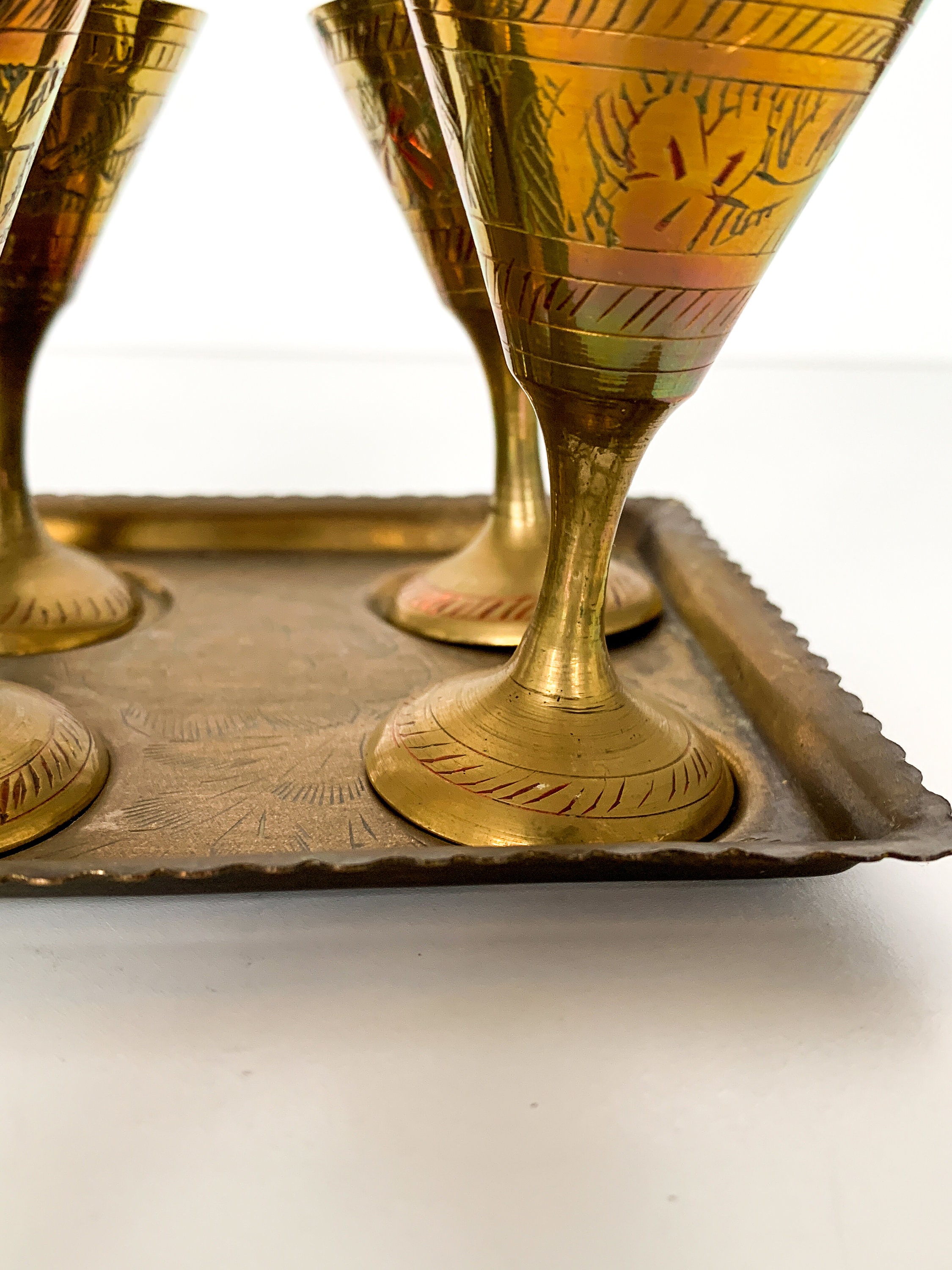 Vintage Engraved Brass Mini Goblet Set With Tray, Collectible Engraved ...