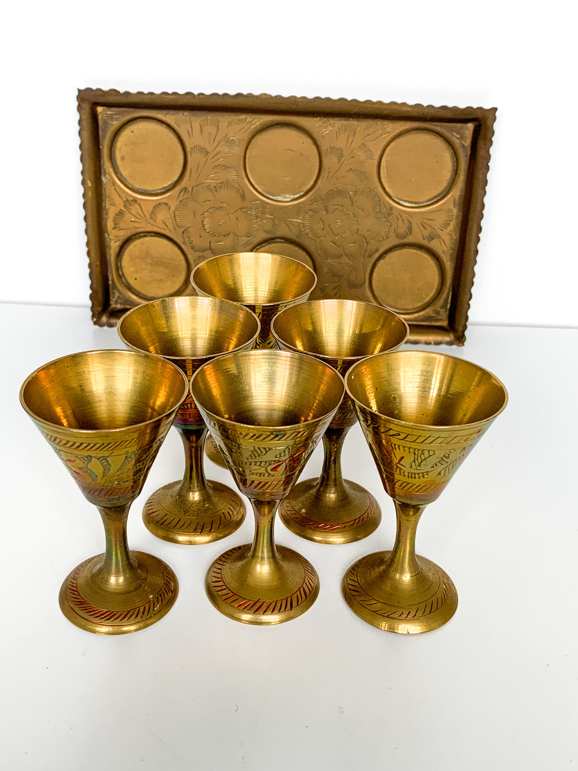 Vintage Engraved Brass Mini Goblet Set With Tray, Collectible Engraved ...