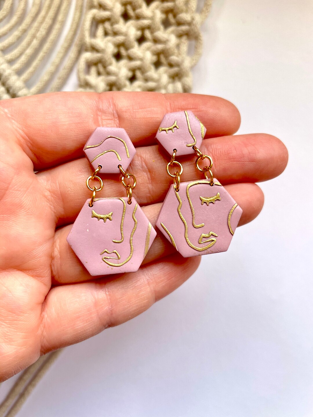 Abstract Face Polymer Clay Earrings: Handmade Hexagon Jewelry - Etsy