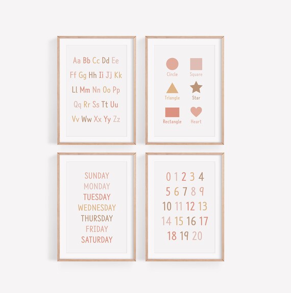 Set of 4 Neutral Alphabet Numbers Days Art Print Shapes | Etsy