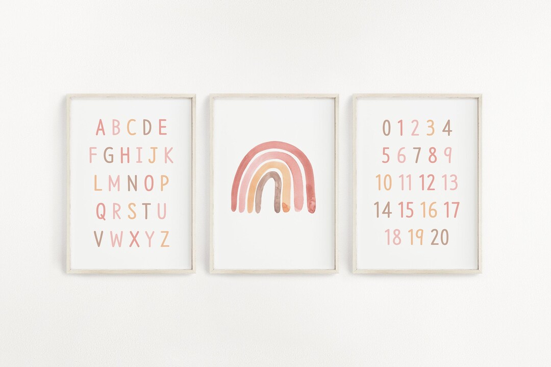 Set of 3 Alphabet Numbers Art Print, Neutral Rainbow Alphabet 123 ...