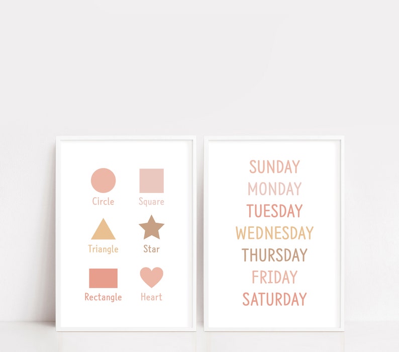 Set of 4 Neutral Alphabet Numbers Days Art Print Shapes | Etsy