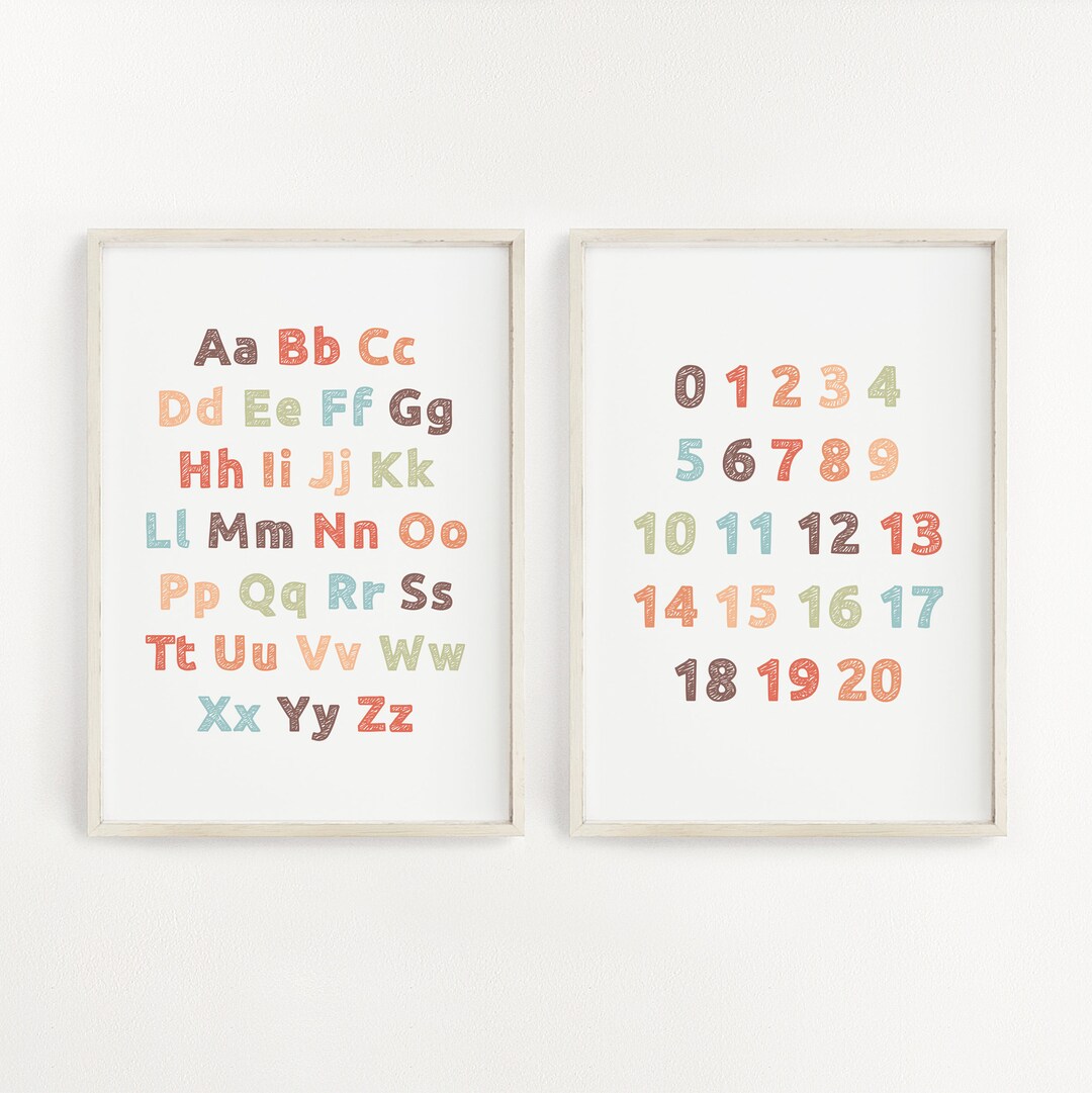 Set of 2 Prints, Rainbow ABC Poster Prints, Numbers Print, Neutral ...