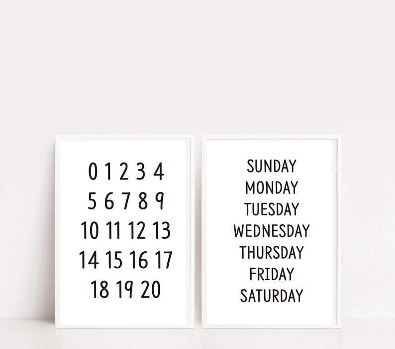 Set of 4 Black Alphabet Numbers Days Months of the Year Art Print ...
