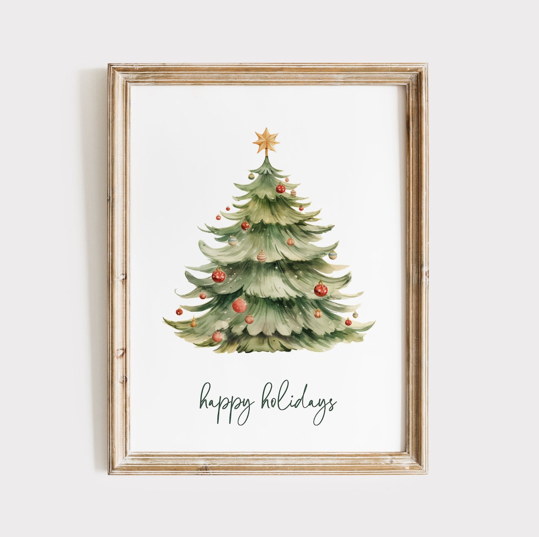 Christmas Tree Wall Art, Tree Water Colour Painting, Happy Holidays Art ...