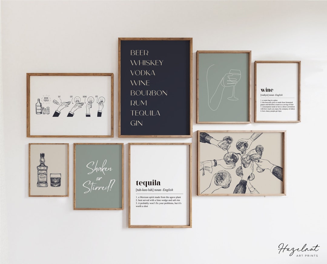 Bar Gallery Wall Art Set of 8 + 2 Bonus Prints for Free, Bar Cart Print ...