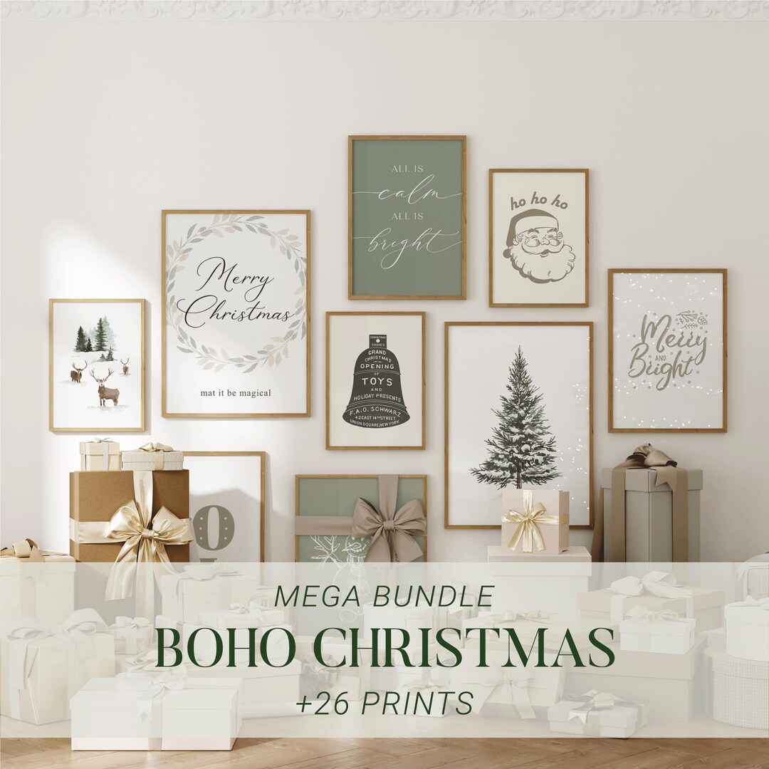 Christmas Prints Mega Bundle Set of 26, Sage Green Christmas Art, Boho ...