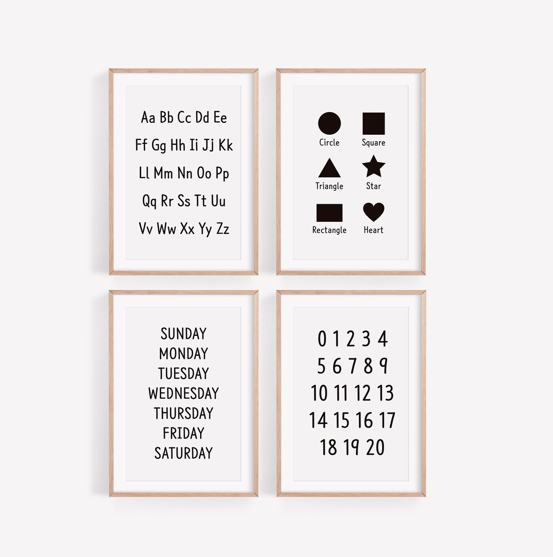 Set of 4 Black Alphabet Numbers Days Art Print, Shapes, Black Alphabet ...