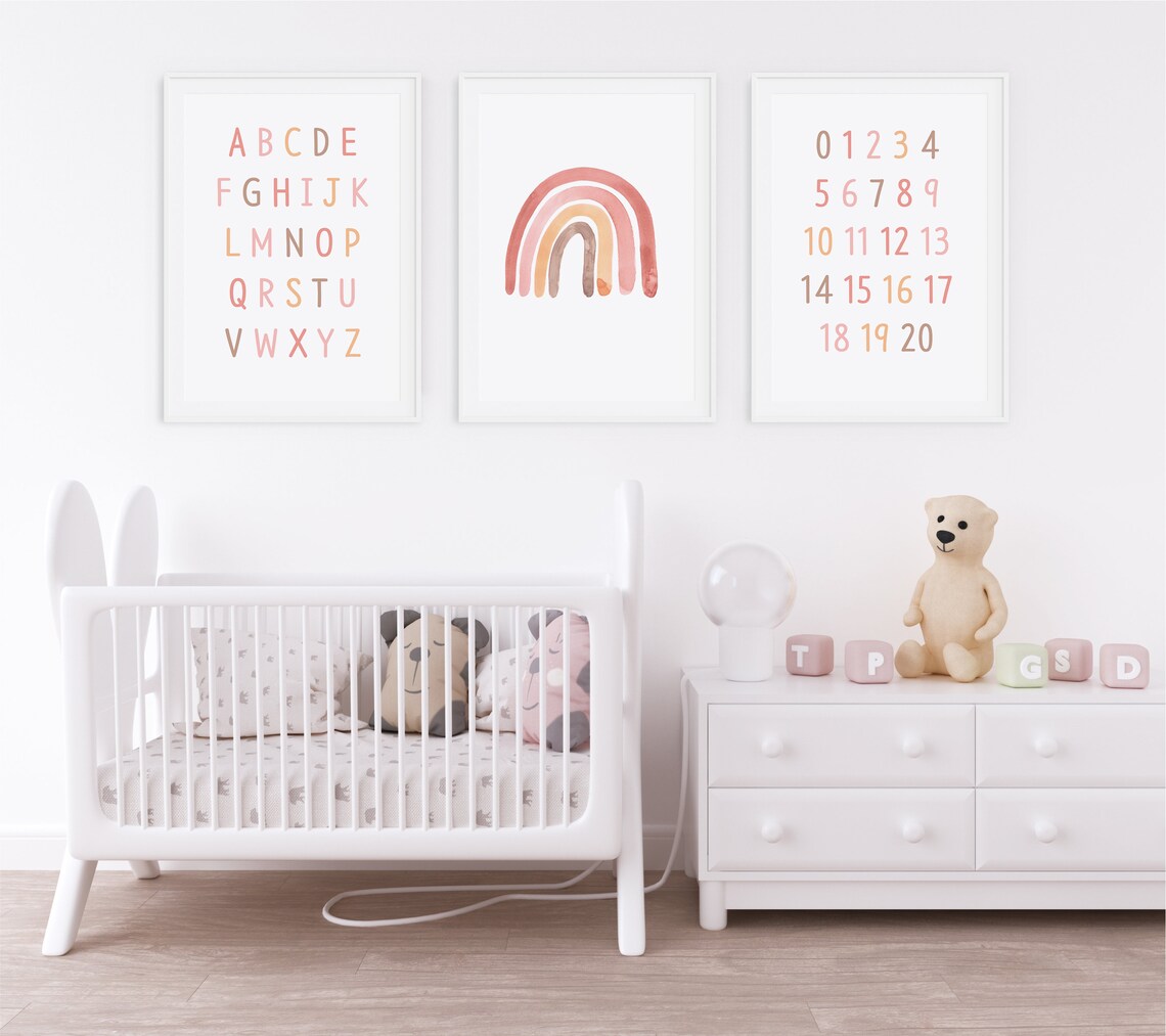 Set of 3 Alphabet Numbers Art Print Neutral Rainbow Alphabet | Etsy