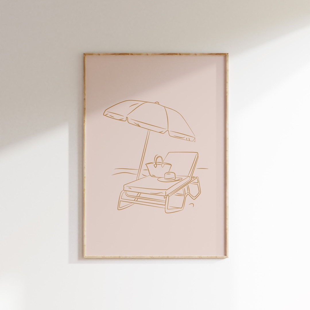 Boho Beach Art Print, Beach Wall Art, Beach Line Drawing, Pastel Wall ...