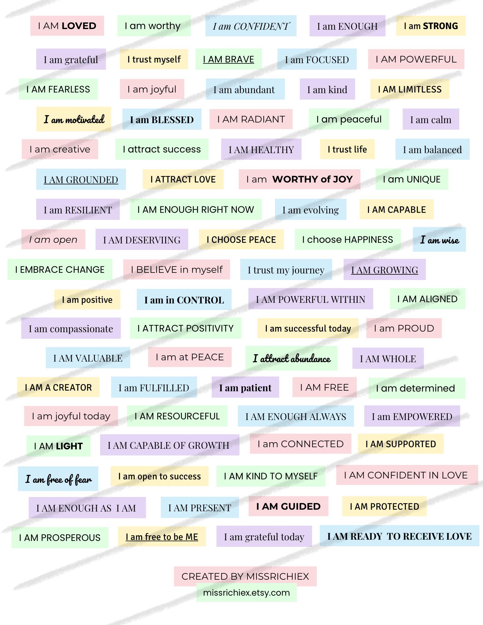 Powerful Affirmations Printable Sheet, Positive Words and Phrases for ...