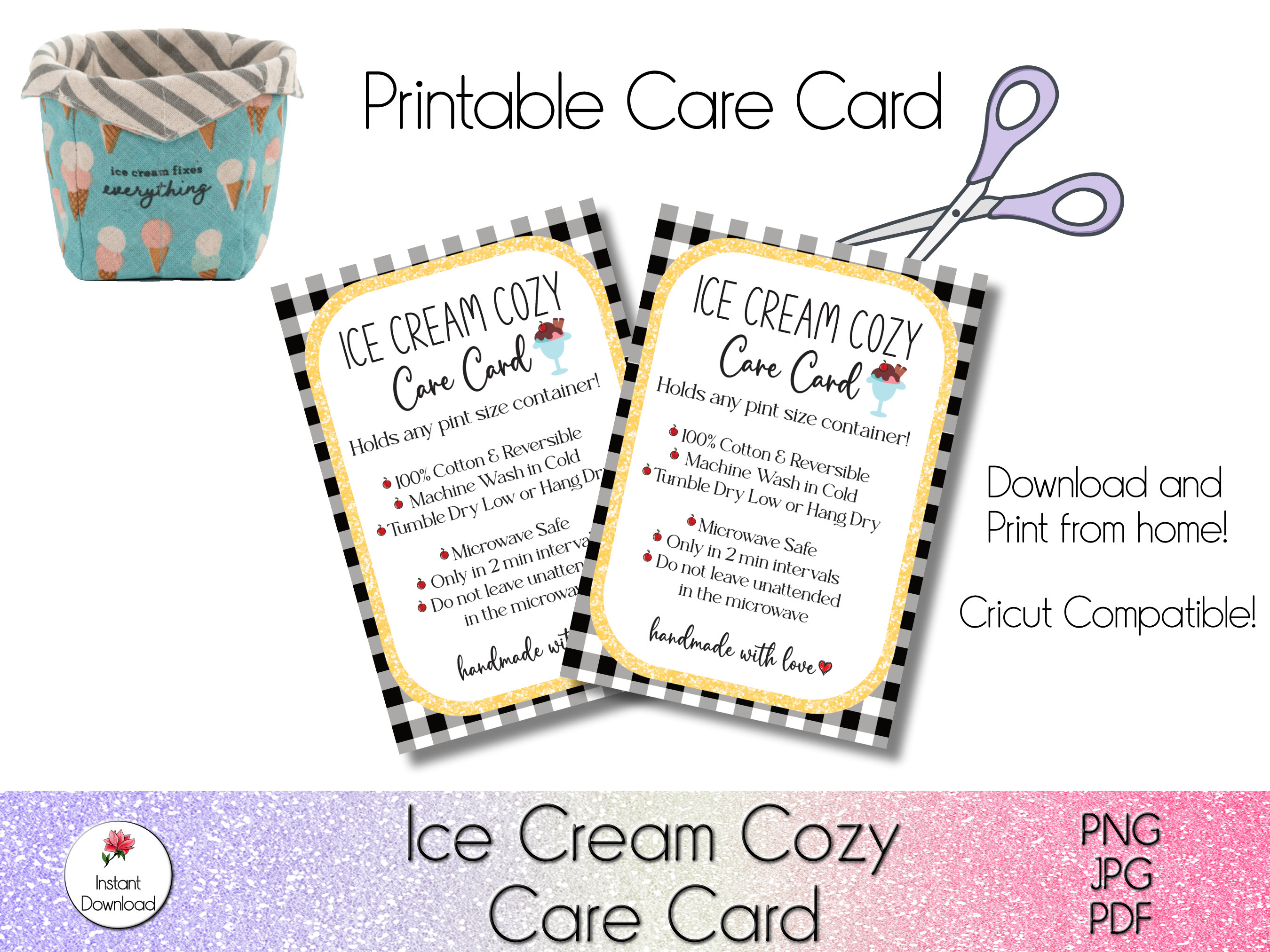 Ice Cream Cozy Care Card, Printable Ice Cream Cozy Wash Instructions ...