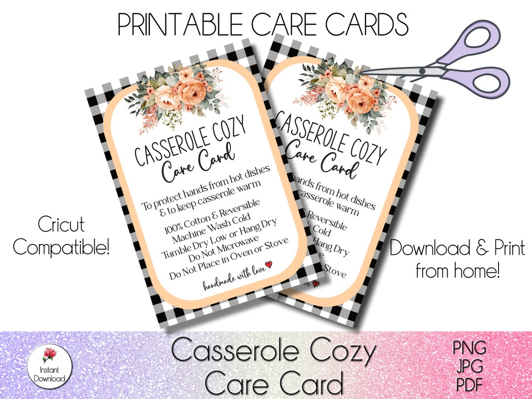 Casserole Cozy Care Card, Printable Bowl Casserole Wash Instructions ...