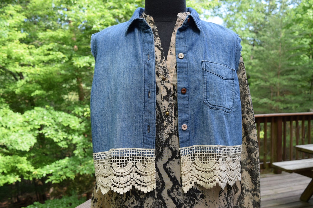 Size Medium Altered, Upcycled Blue Jean Denim Shirt Vest With Cotton ...