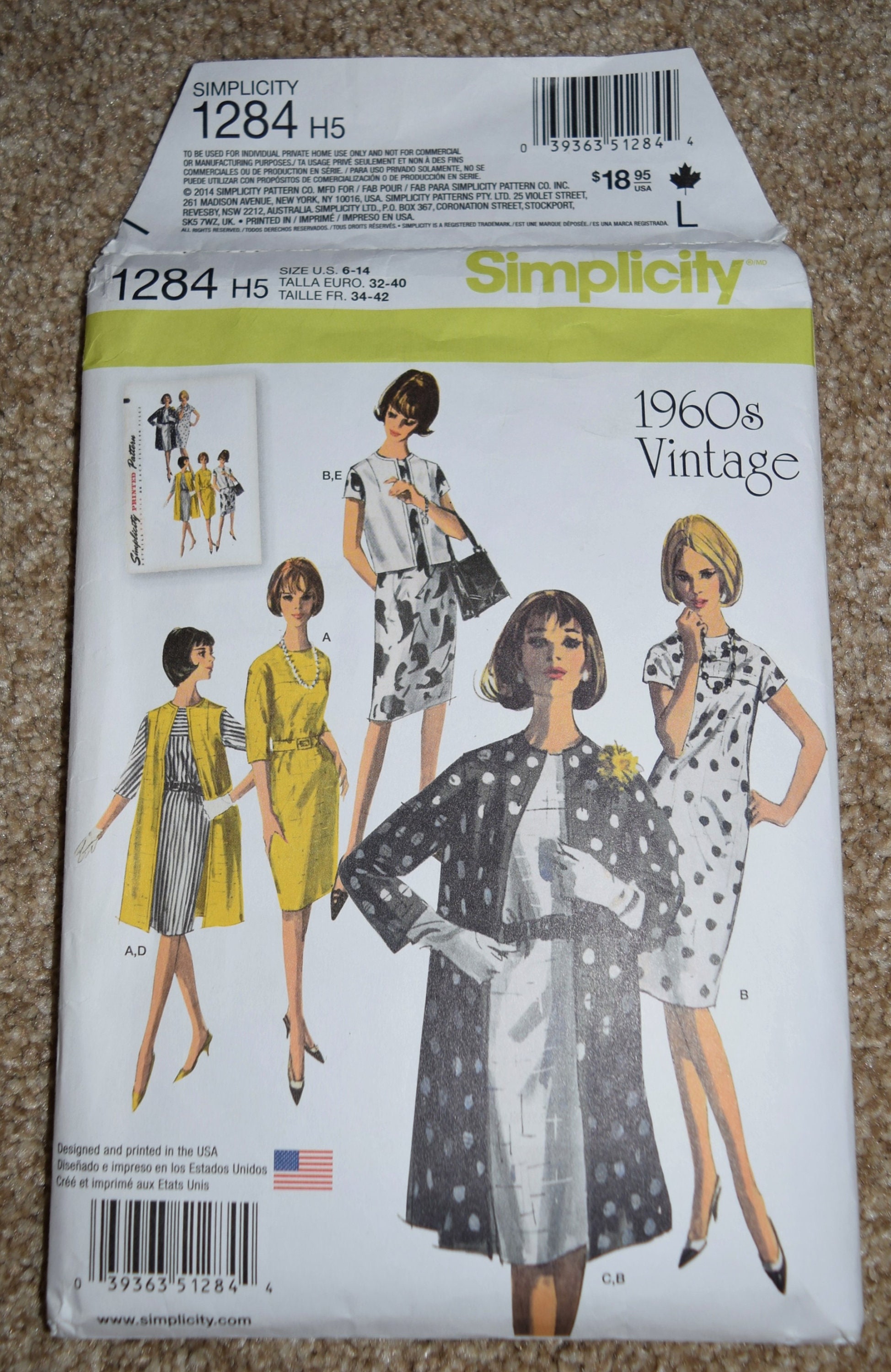 Simplicity Pattern 1284 1960s Vintage Cut All Pieces Present Sizes 6, 8 ...