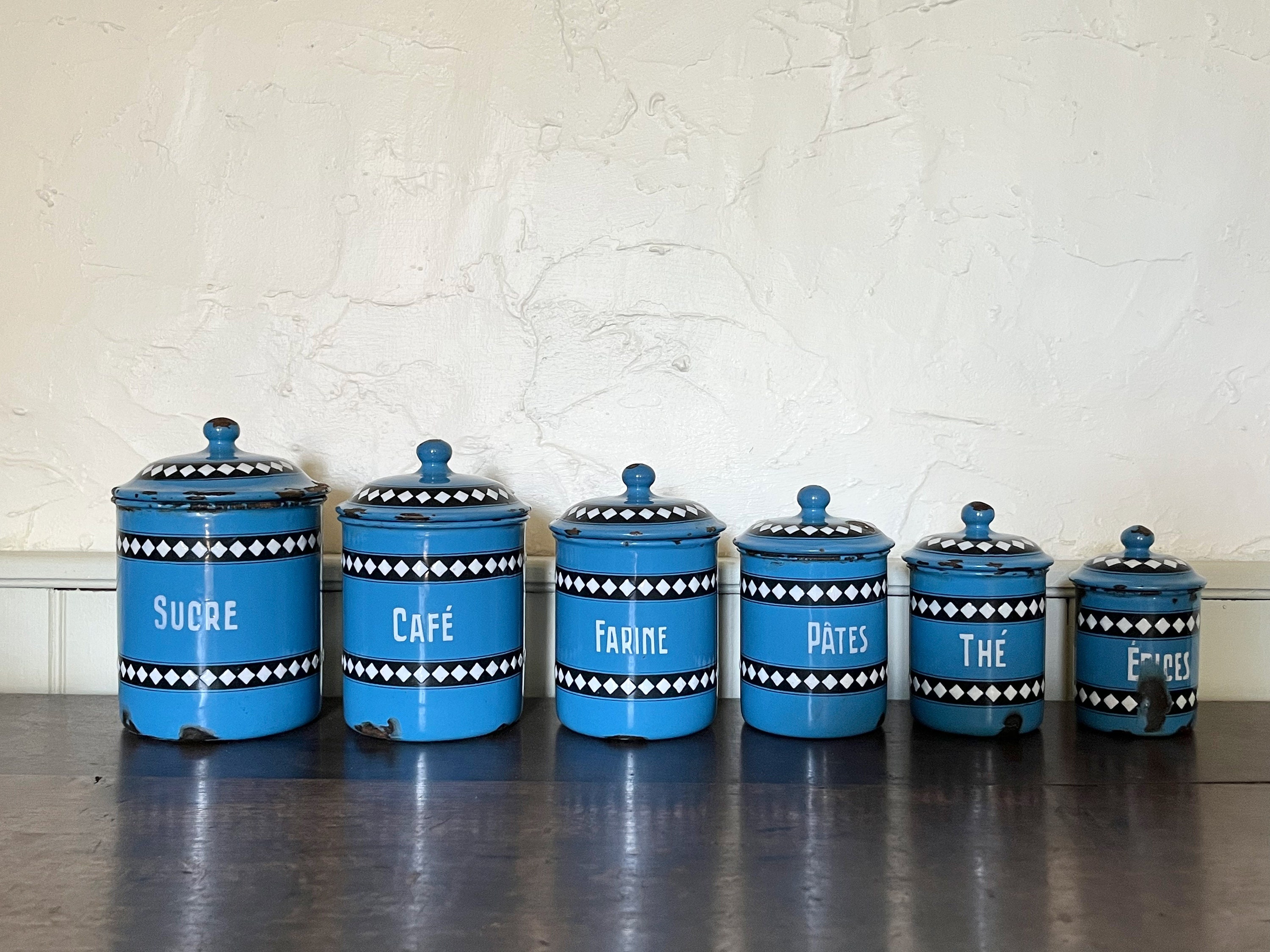 6 Antique French Enamel Cannisters, Kitchen Pots, DUCO BGB - Etsy