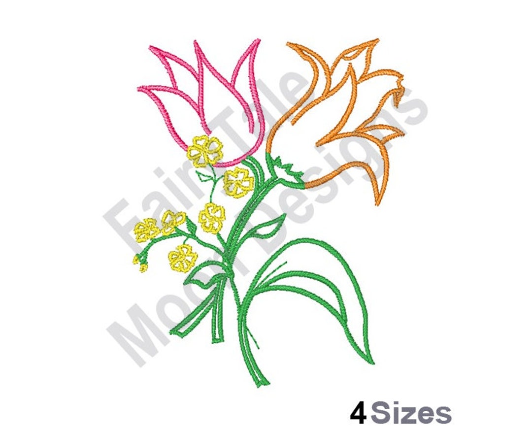 Flowers Outline Machine Embroidery Design, Tulips Bouquet Embroidery ...