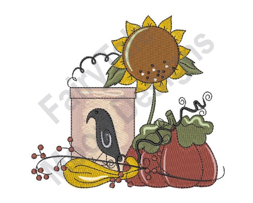 Fall Harvest Machine Embroidery Design, Primitive Autumn Scene ...