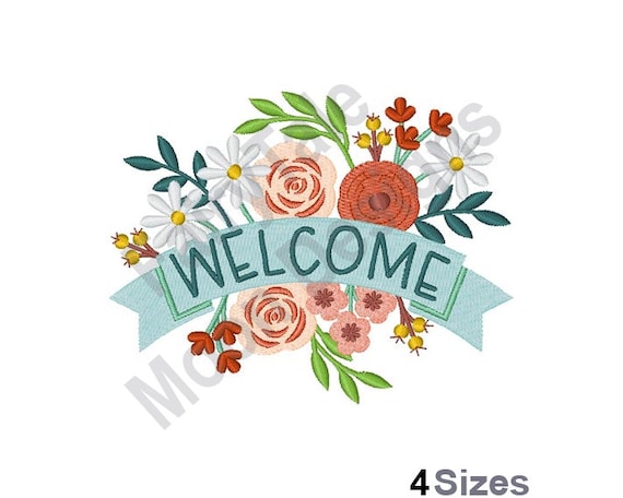 Welcome Banner Flower Arrangement Machine Embroidery Design - Etsy