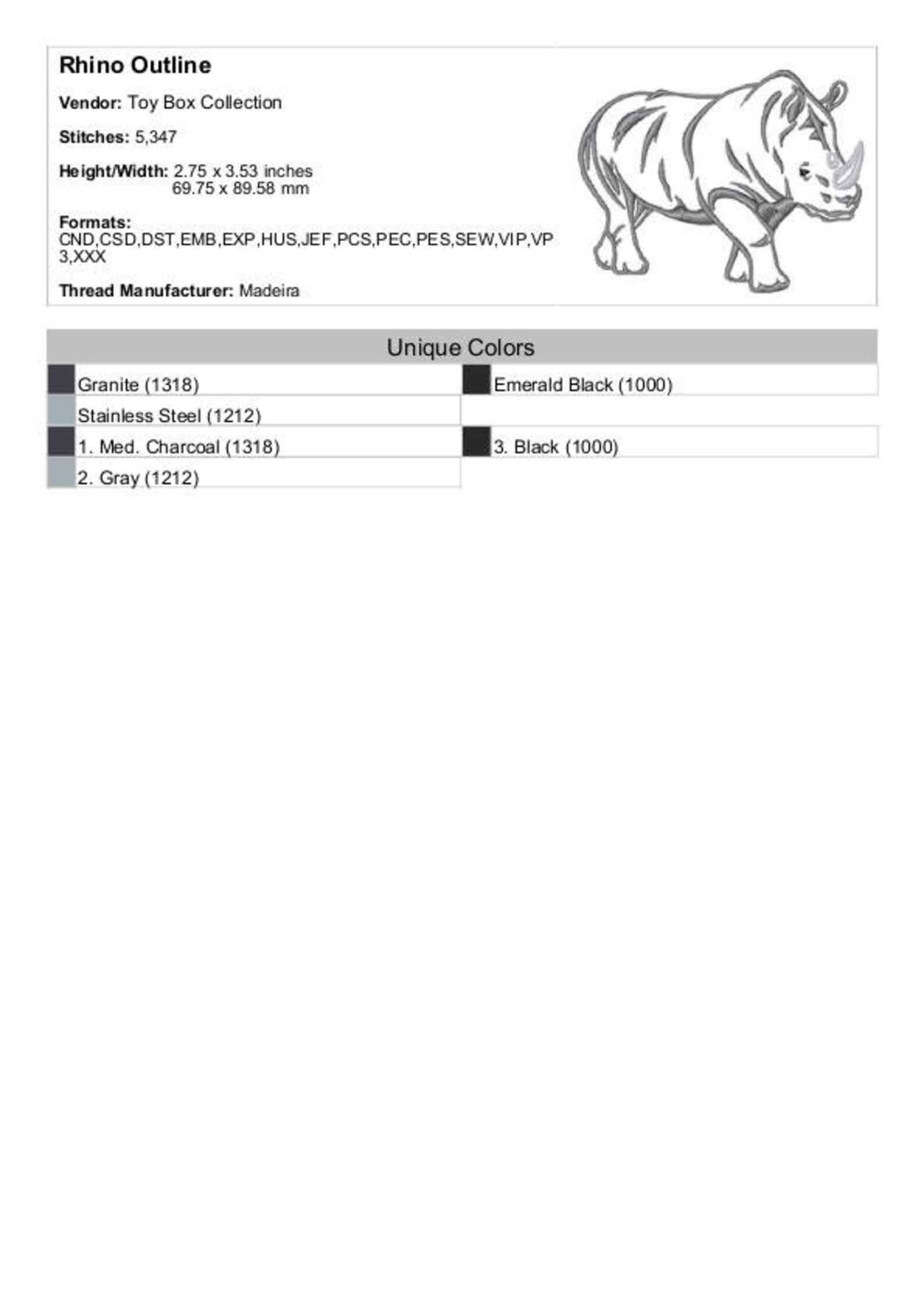 Rhino - Machine Embroidery Design, Rhinoceros Outline Embroidery ...