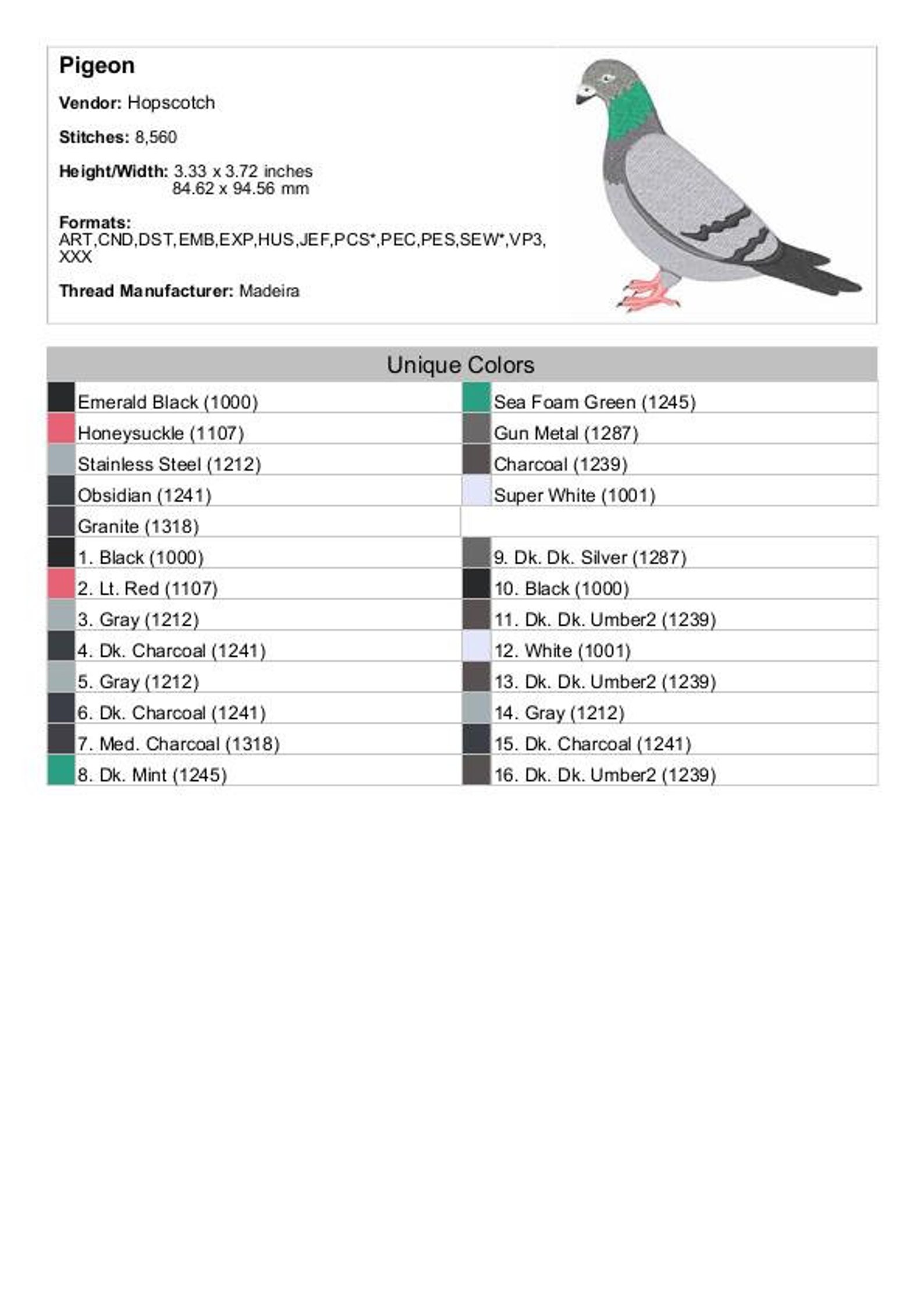 Pigeon - Machine Embroidery Design, Pigeon Embroidery Pattern, Dove ...