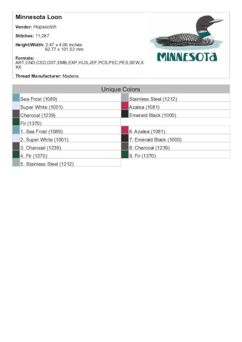 Common Loon Machine Embroidery Design Minnesota Loon | Etsy