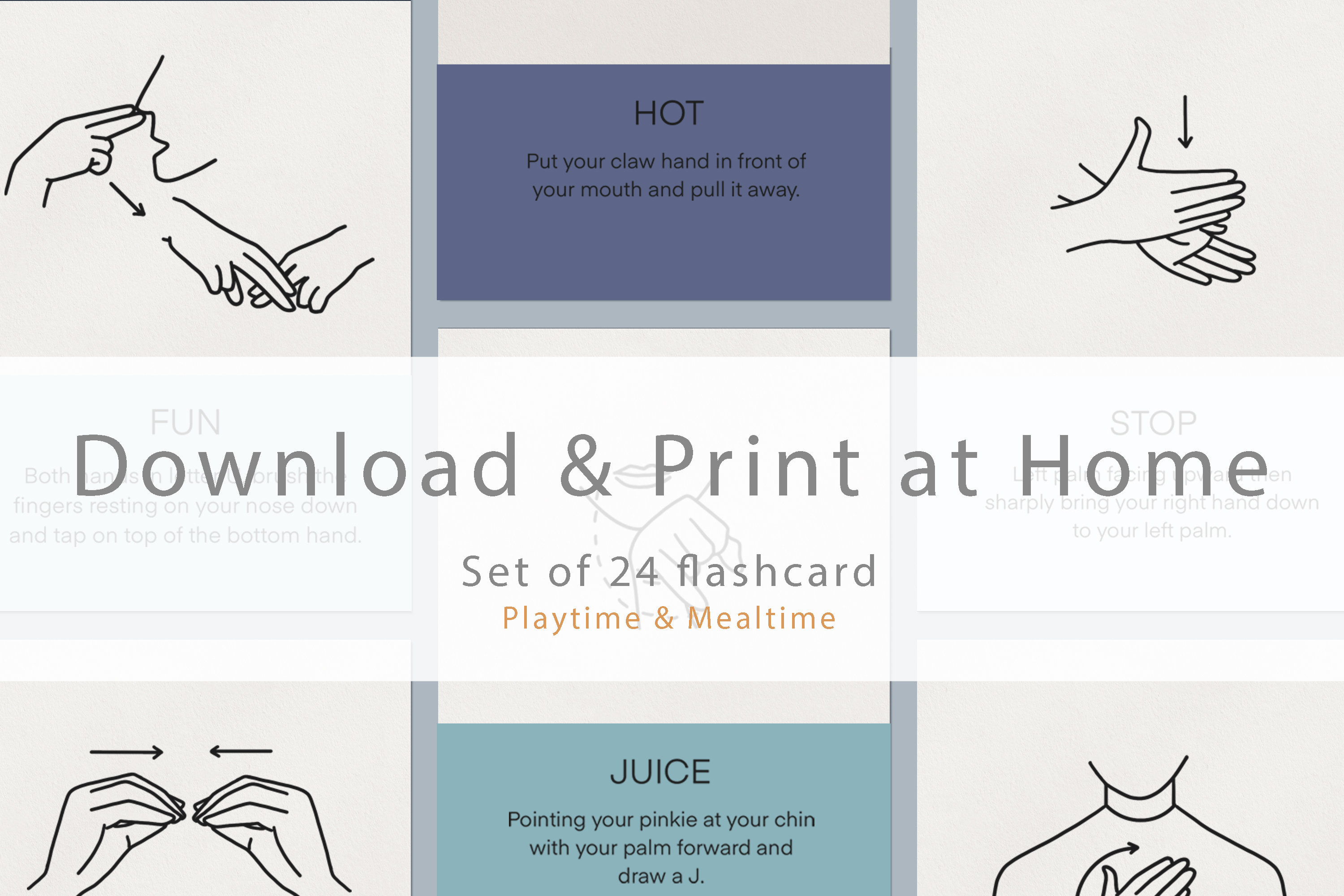 ASL Downloadable Flashcard, Playtime ASL Printable Flashcard, Meal-time ...