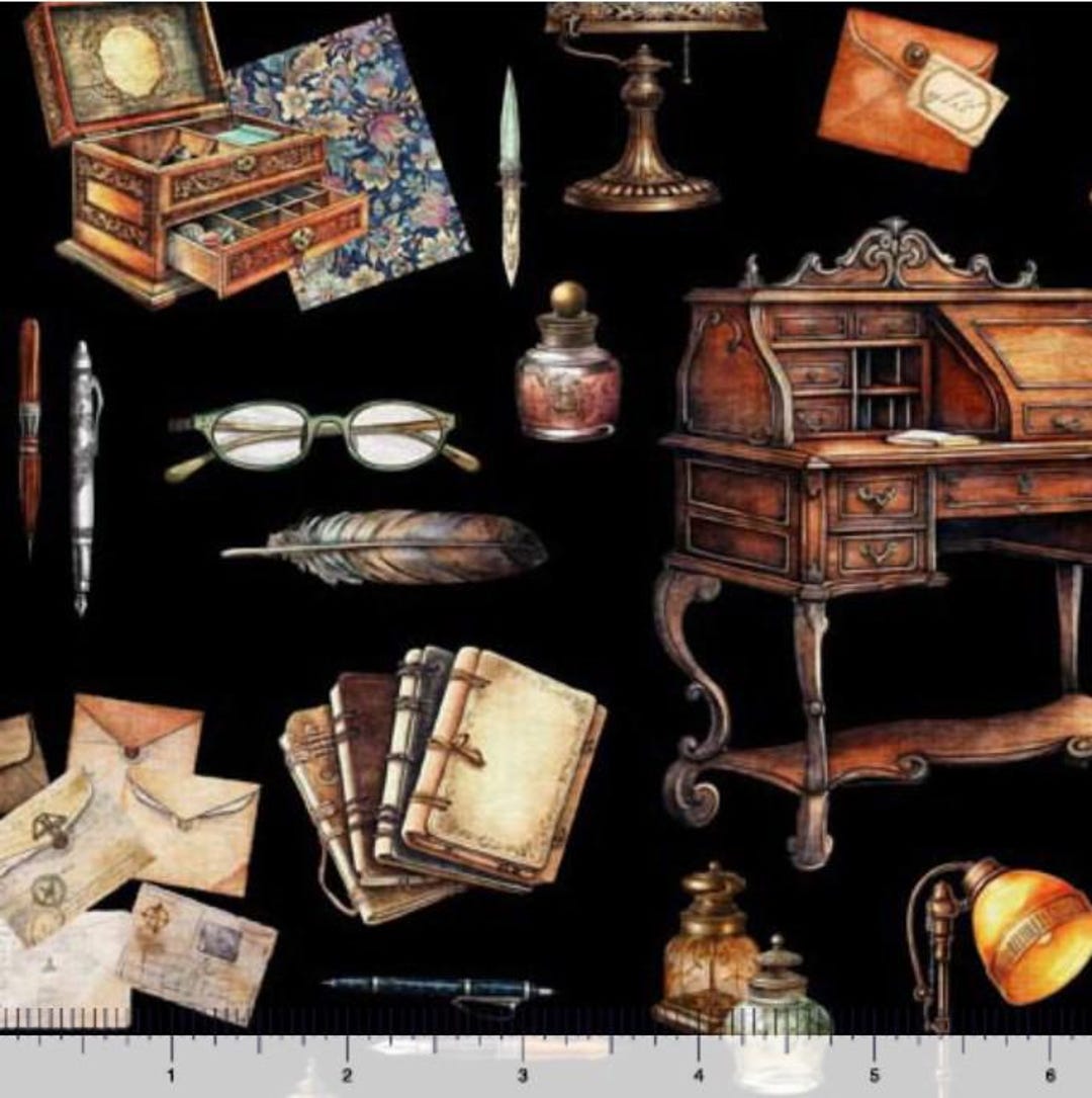 Writing Desks and Motifs on Black - Priced by the 1/2 Yard/cut ...