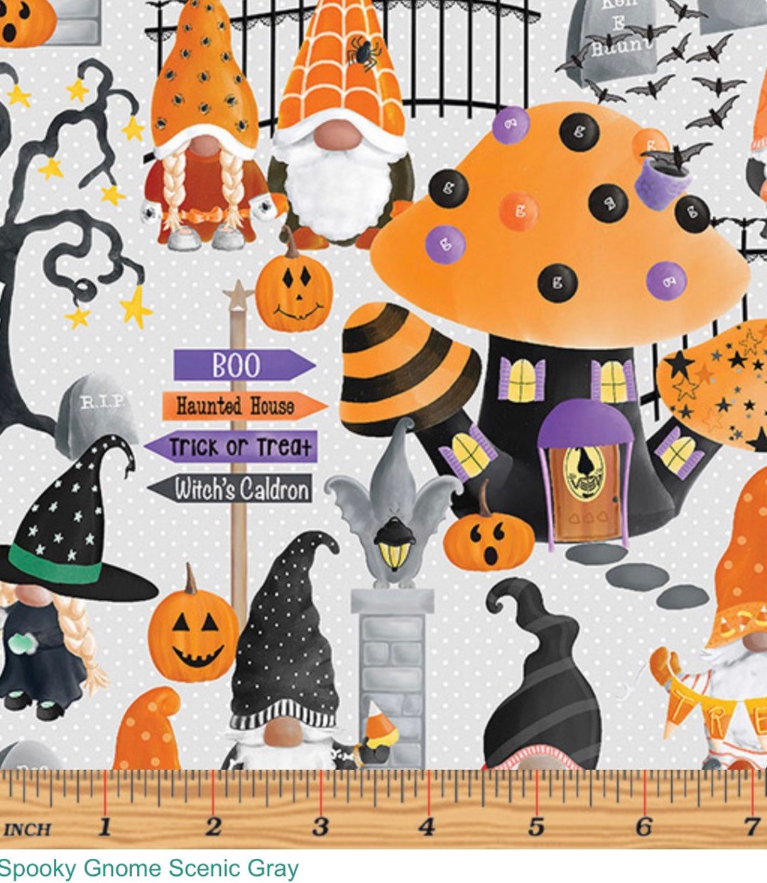 Spooky Gnome Scenic Gray Spooktacular Gnomes Andi Metz for Benartex 100 ...