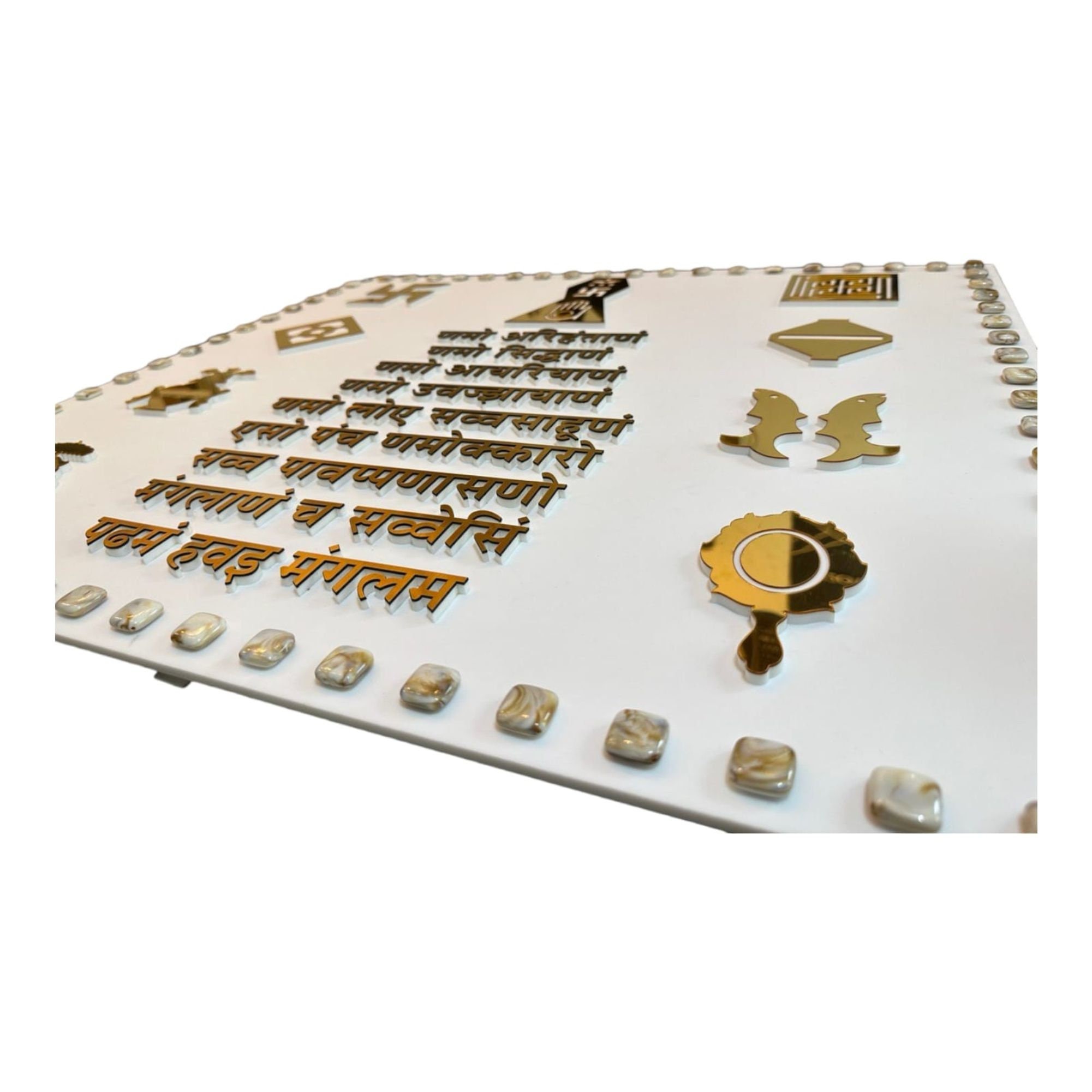 Jain Mantra White Matt Acrylic Border MOP Stone With Gold Mirror ...