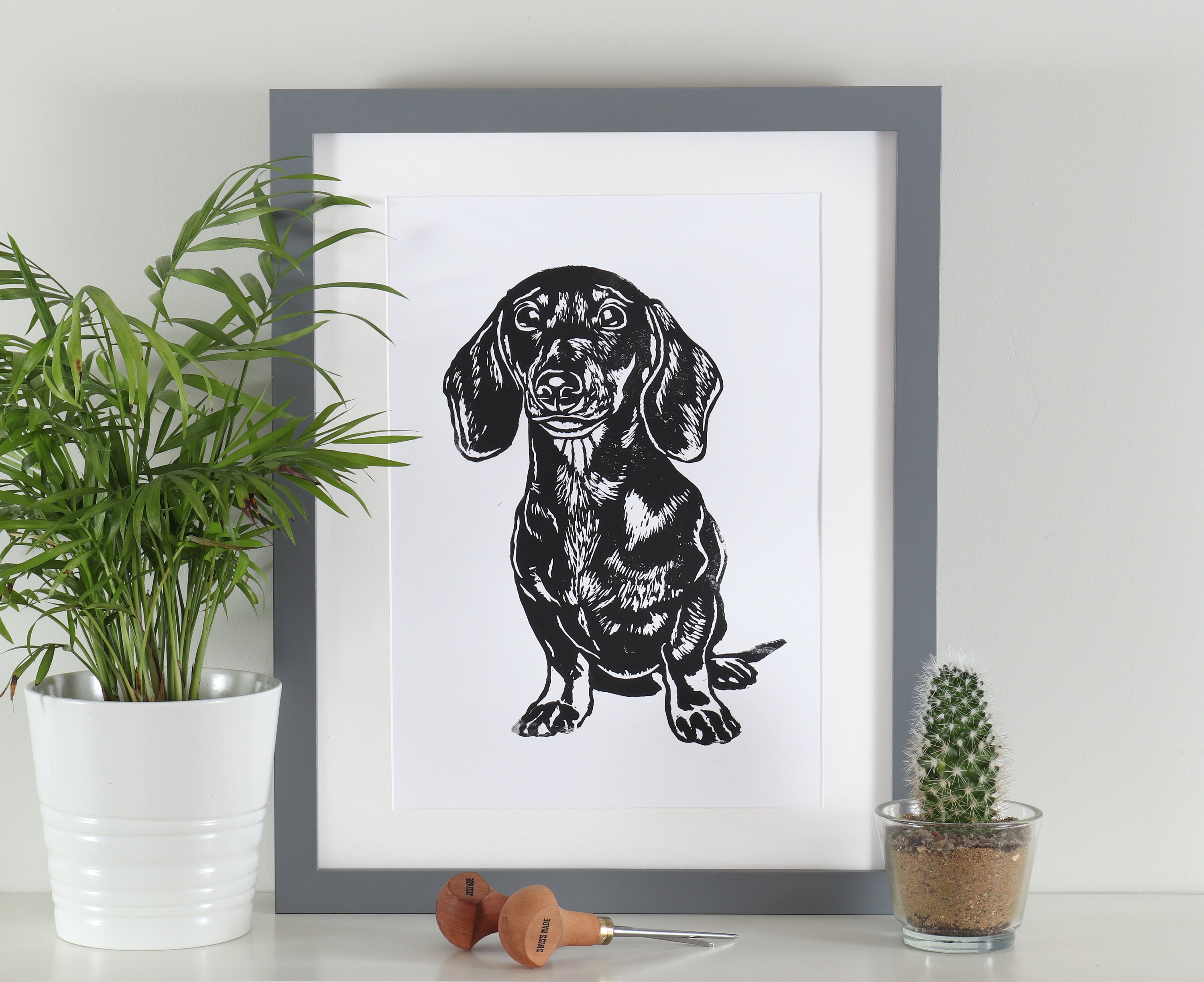 Dachshund Lino Print Handmade Wall Art Personalised With or - Etsy