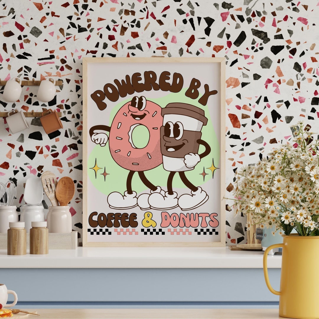 Powered by Coffee and Donuts Print, Coffee & Donut Poster, Retro Coffee ...