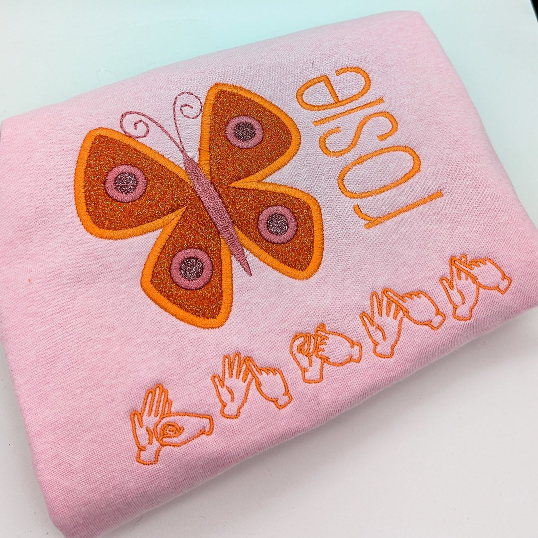 Personalized AUSLAN Finger Spelling Jumper Pink Butterfly Embroidery ...