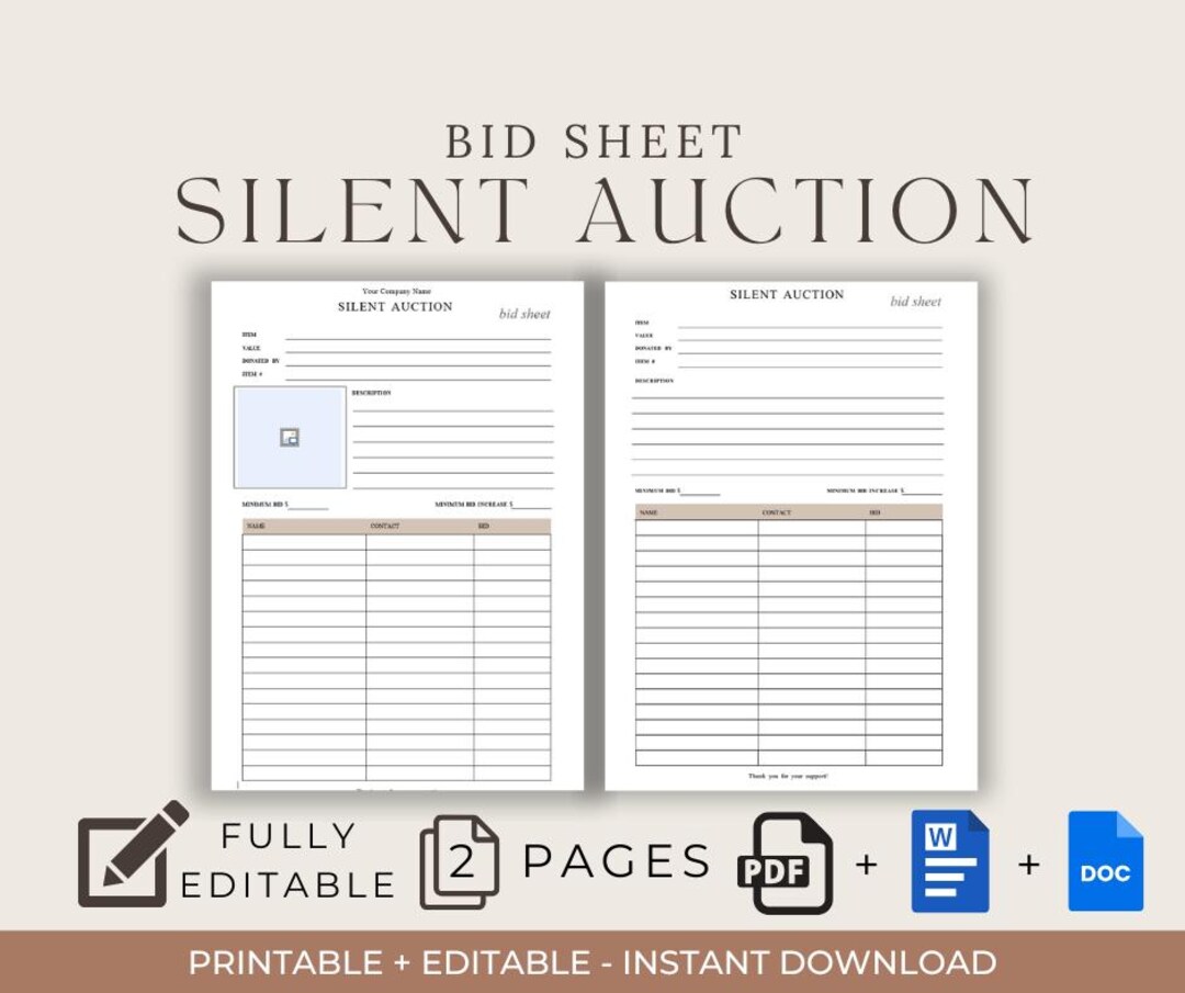 Silent Auction Bid Sheet Template | Fundraiser Forms | Editable ...