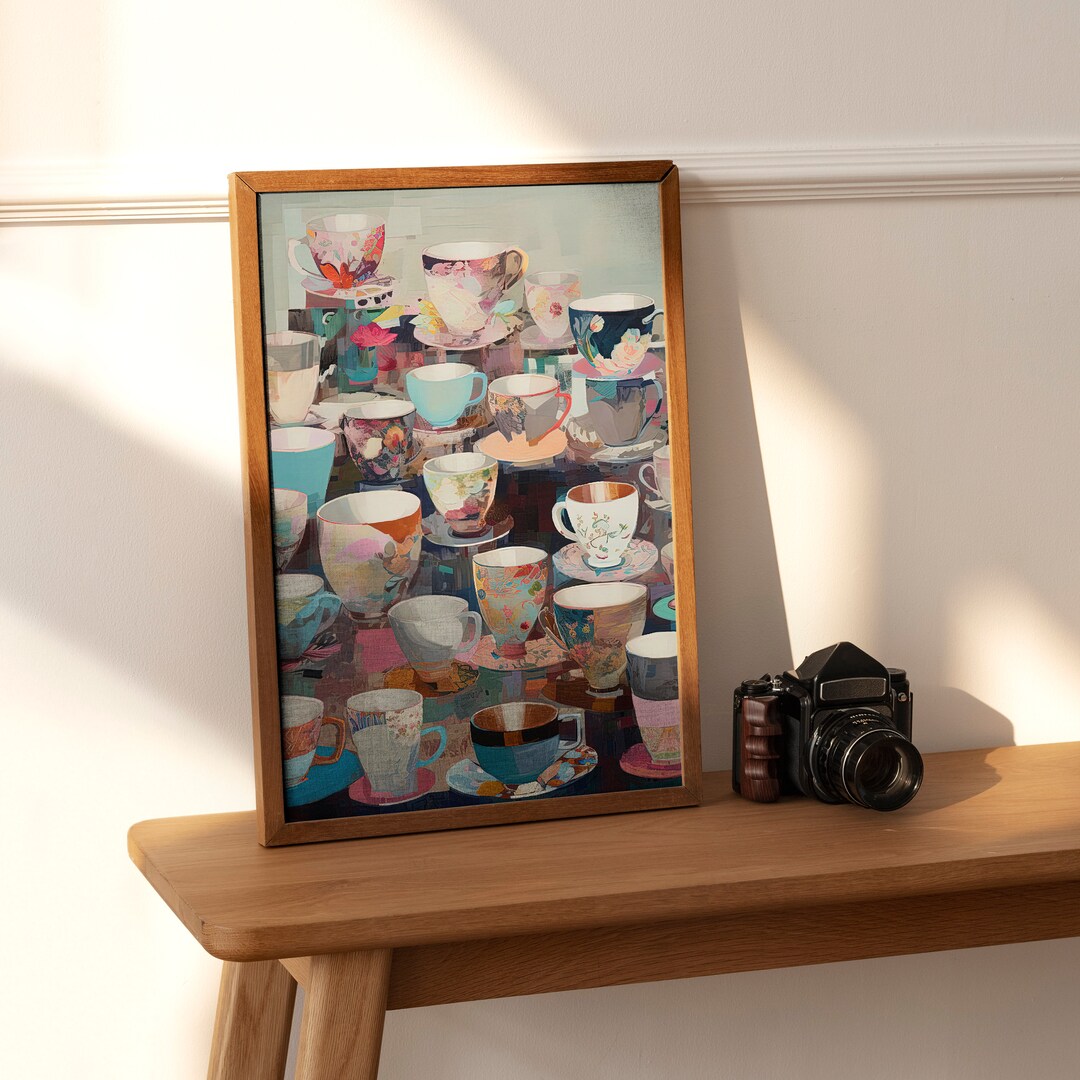 Still Life Coffee Cups & Pots Art Print Textile Collage Style Wall Art ...