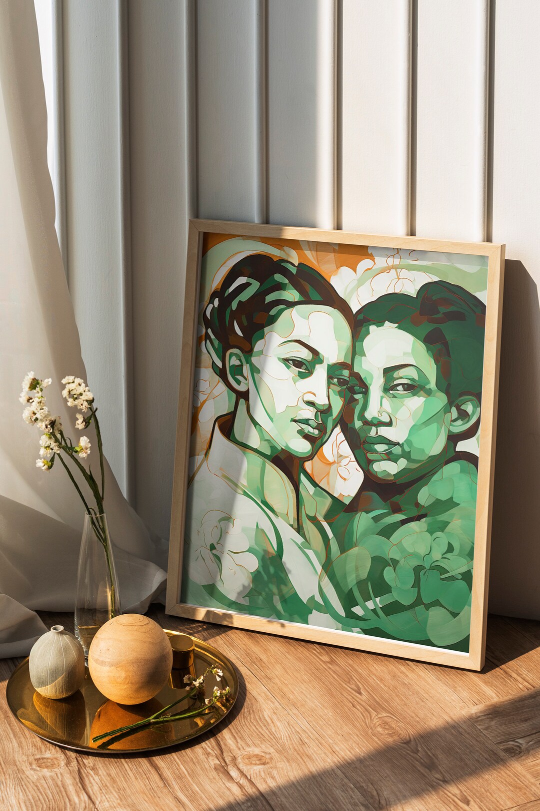 Dreamlike Dual Woman Portrait Poster Green and White Wall - Etsy