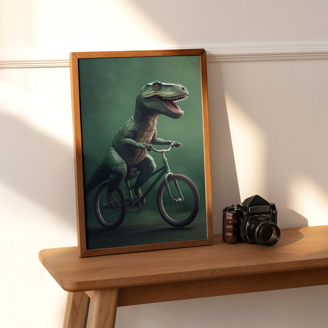 Funny T-rex Bicycle Adventure Poster Silly Wall Art Funny Dinosaur Home ...