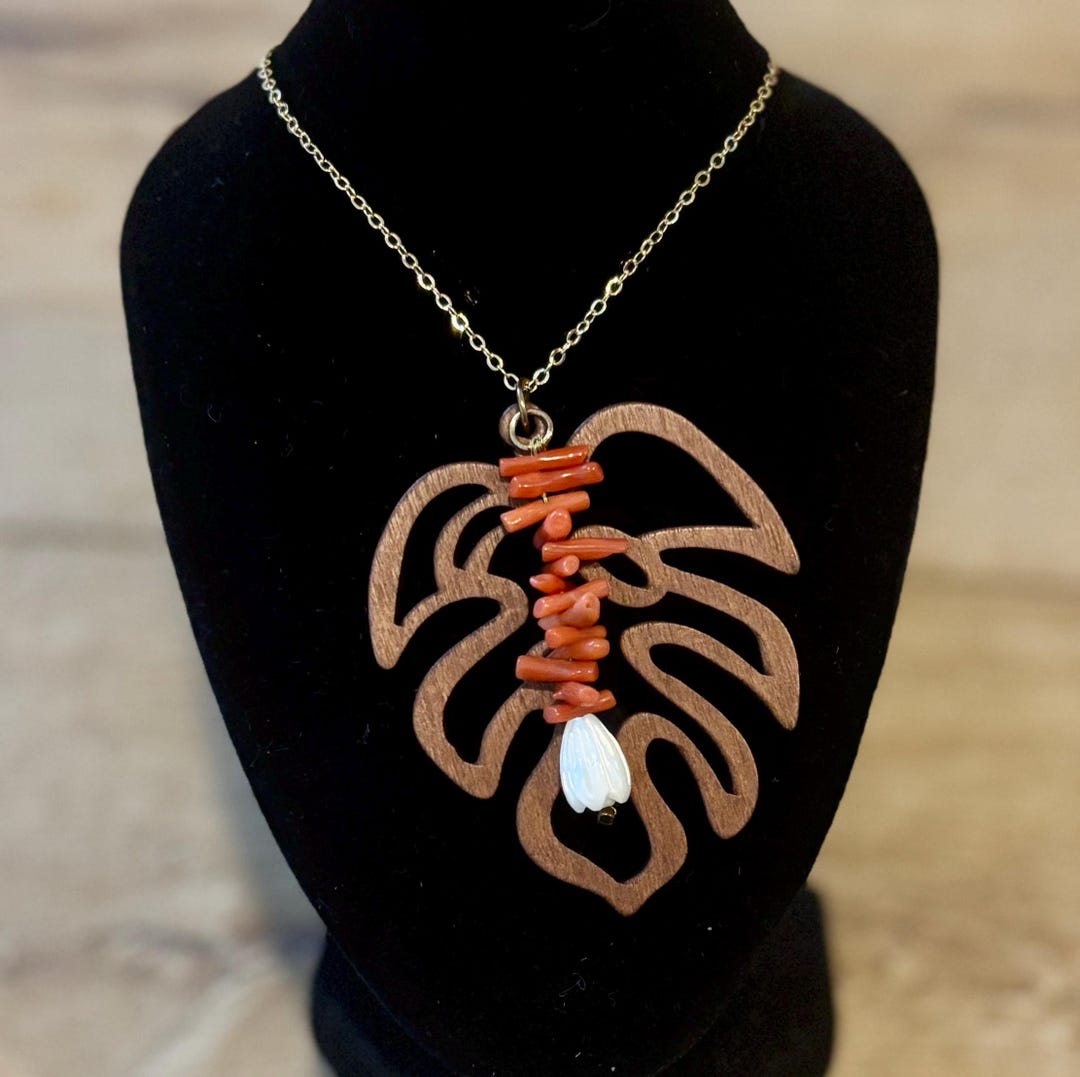 Monstera Leaf Pendent Necklace With Vintage Orange Coral and Pikake ...