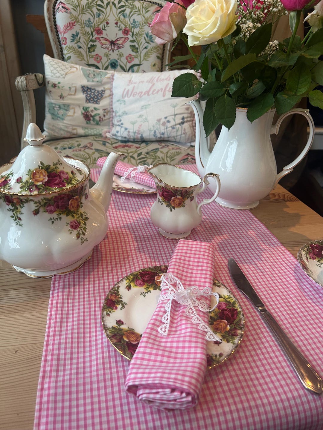 Handmade Pink Gingham Table Runner Set, Shabby Chic, 100 Percent Cotton ...