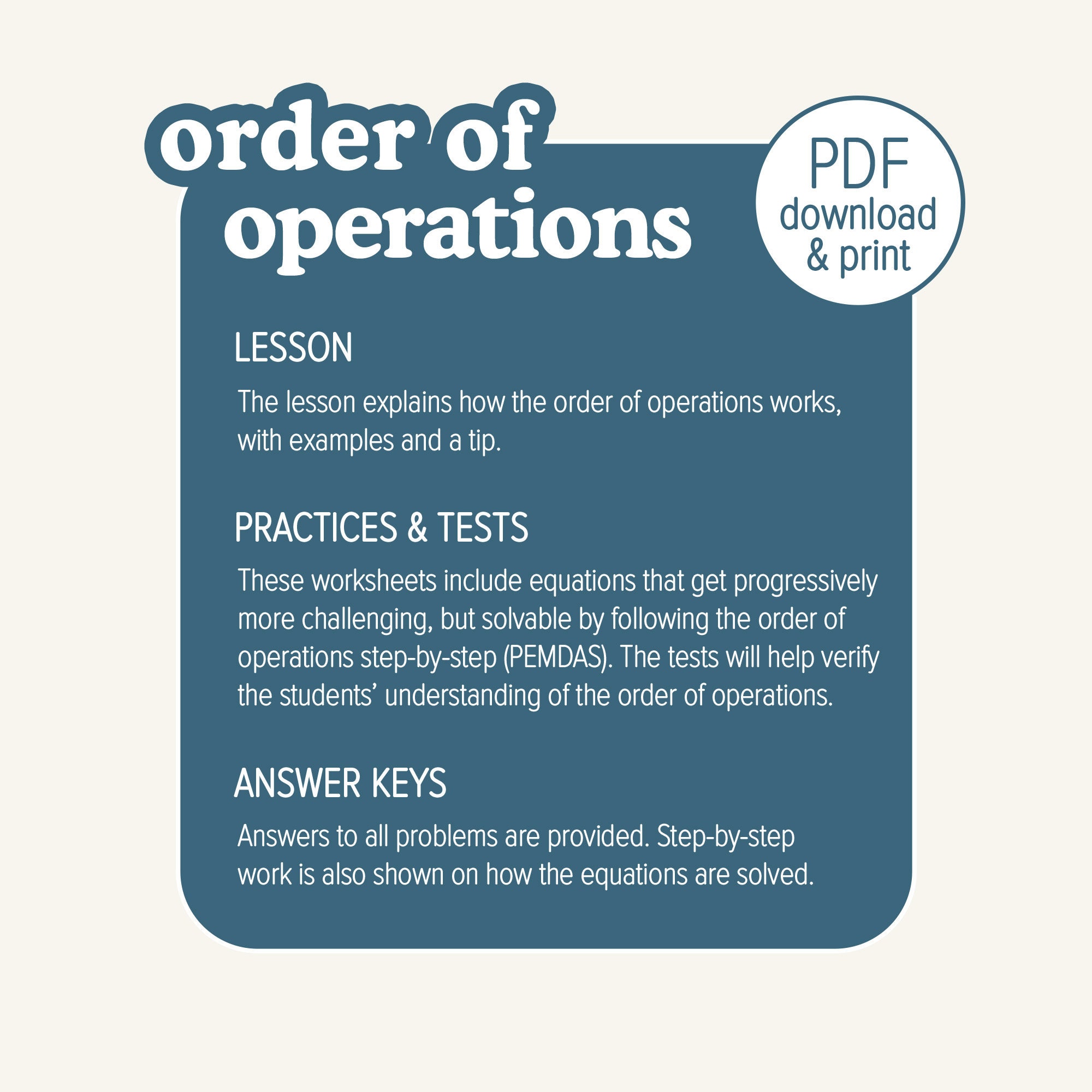 Order of Operations Practice Worksheets and Tests for 4th, 5th, 6th ...