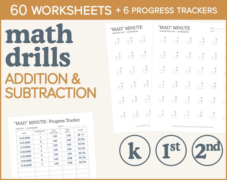 Addition and Subtraction Math Worksheets 1 Minute Math - Etsy