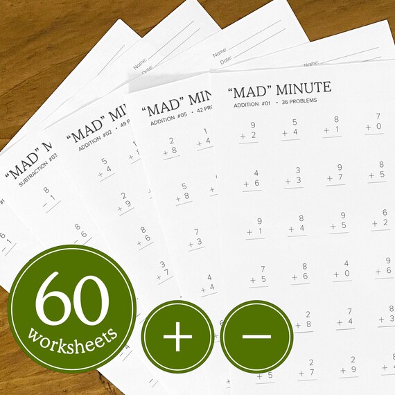 Addition and Subtraction Math worksheets 1 minute math | Etsy