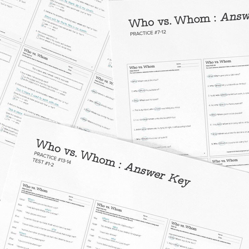 Who Vs. Whom English Grammar Worksheets for 2nd Grade & Up, ESL ...