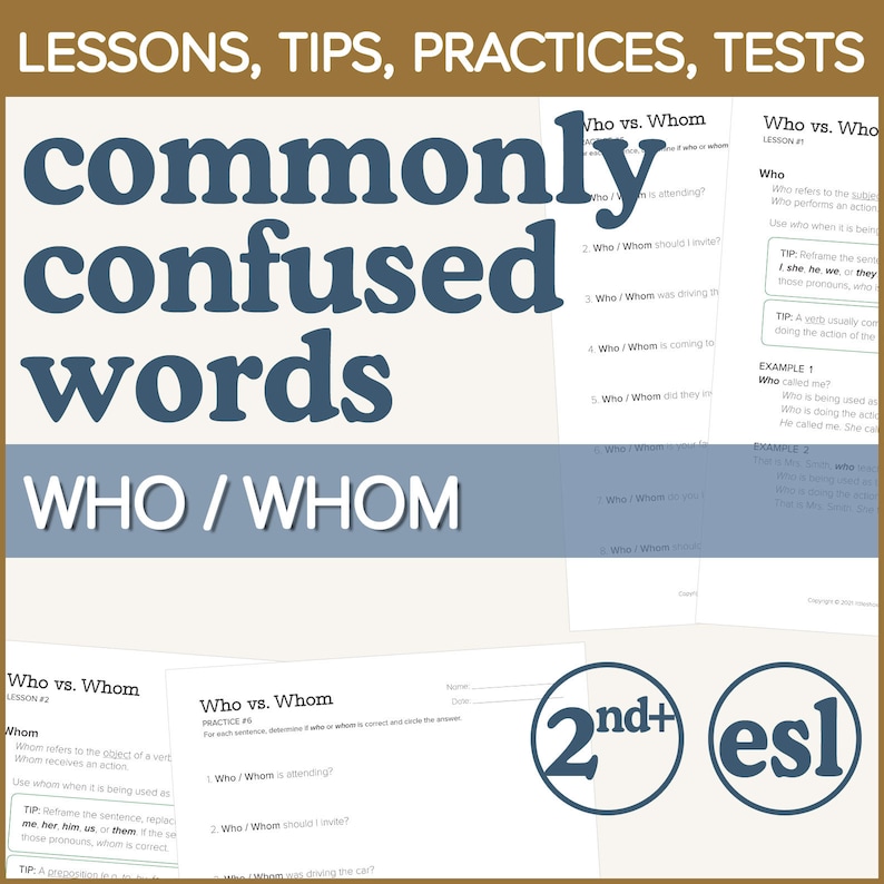 Who Vs. Whom English Grammar Worksheets for 2nd Grade & Up, ESL ...