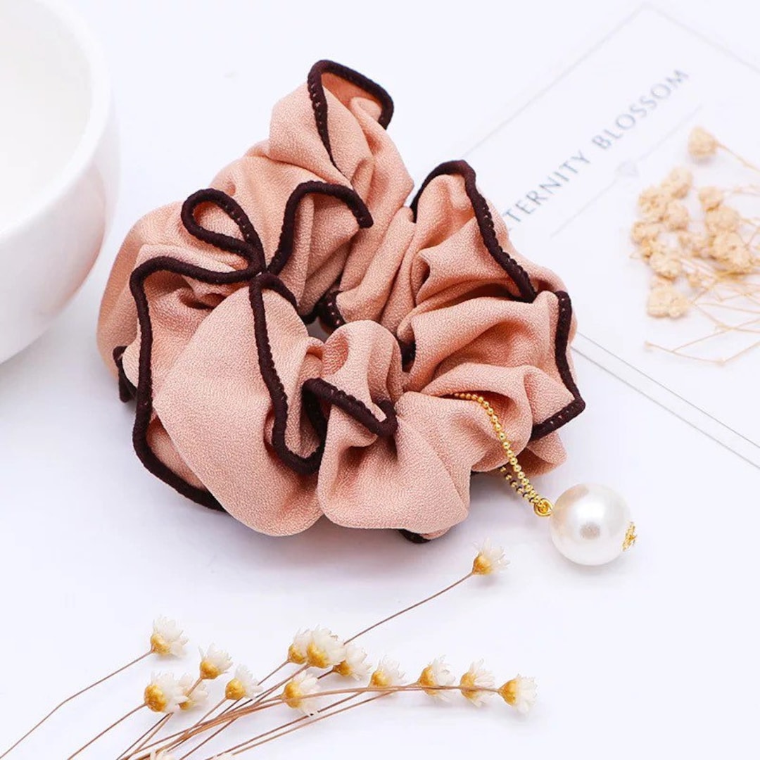 Edged Fabric Pearl Ponytail Holder Regular Standard Scrunchies | Hair ...