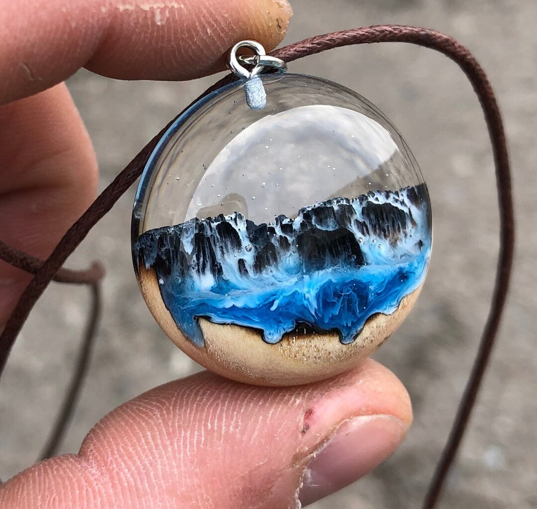 Round. Ocean Wood Resin Necklace .wood and Resin Gift . Wood Resin ...