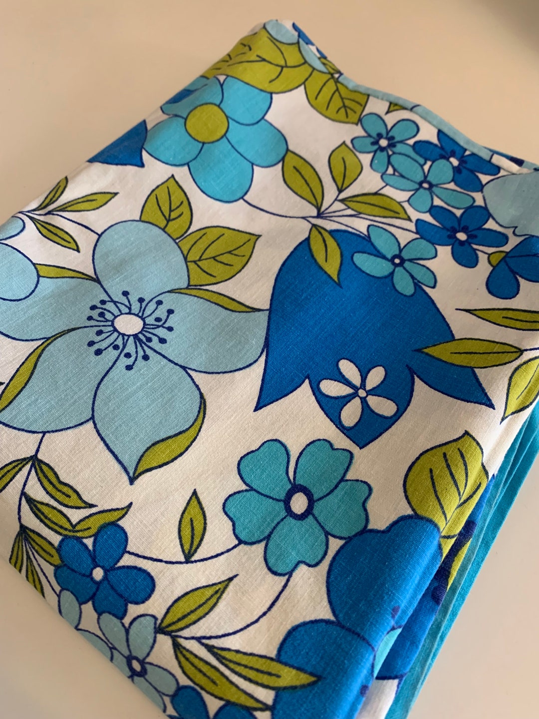 Retro 1960's Big Bold Aqua /white /olive Green Royal Blue Floral Single ...