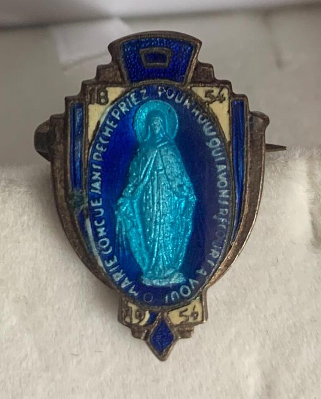 Vintage Tiny Royal Blue/beige Enamel Religious Pin/religious Brooch ...