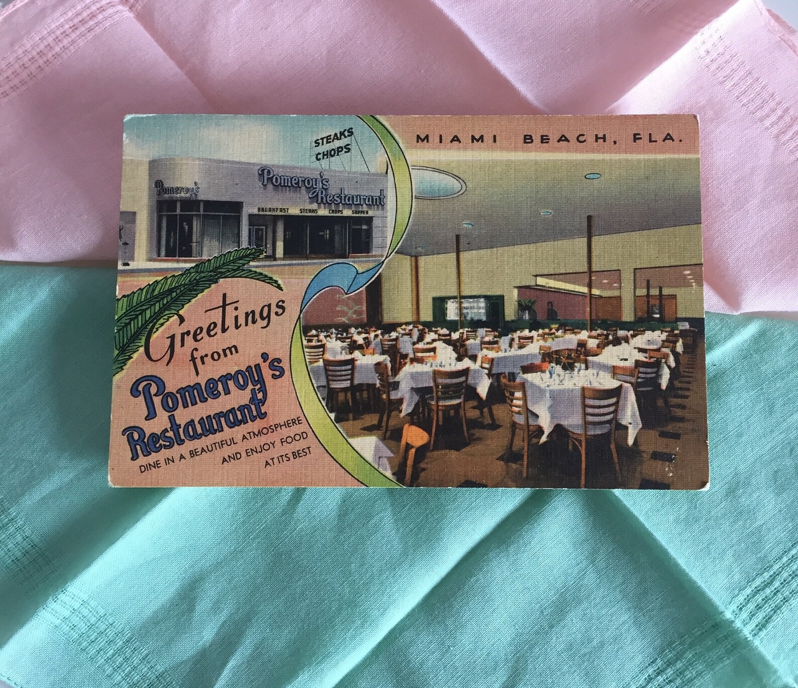 Vintage Colored Linen Miami Beach Florida Pomeroy's Restaurant Postcard ...