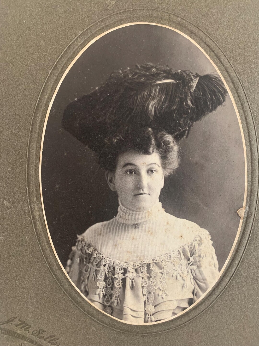 Vintage Oval Portrait: Victorian Lady, Feather Hat, Lace Blouse - Etsy